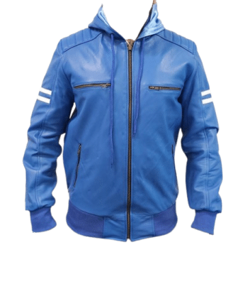 Blue Hooded Leather Jacket - Leather Direct Genuine Leather Jackets