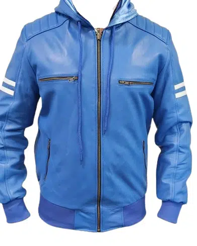 Blue Hooded Leather Jacket - Leather Direct Genuine Leather Jackets