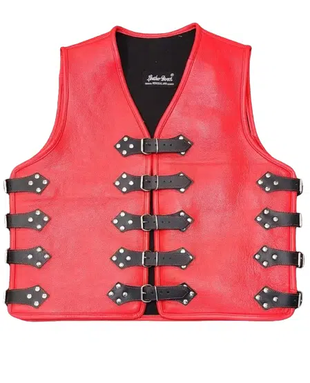 Red Leather Vest with Black Buckles - Leather Direct
