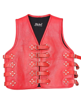 Red Thick Leather Vest with Red Buckles - Leather Direct