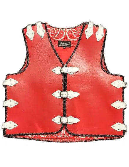 Red Heavy Leather Vest with White Straps - Leather Direct Heavy Leather ...